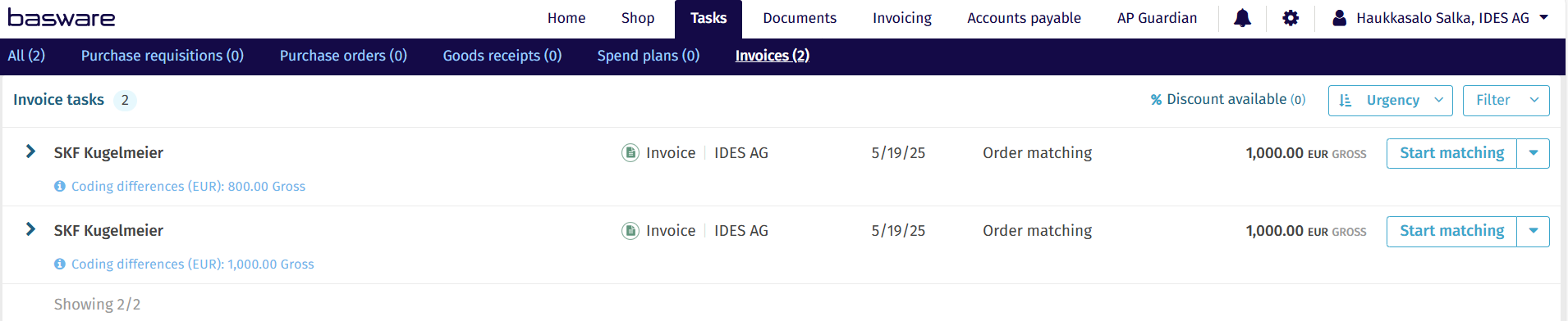 Manual order matching task for business users